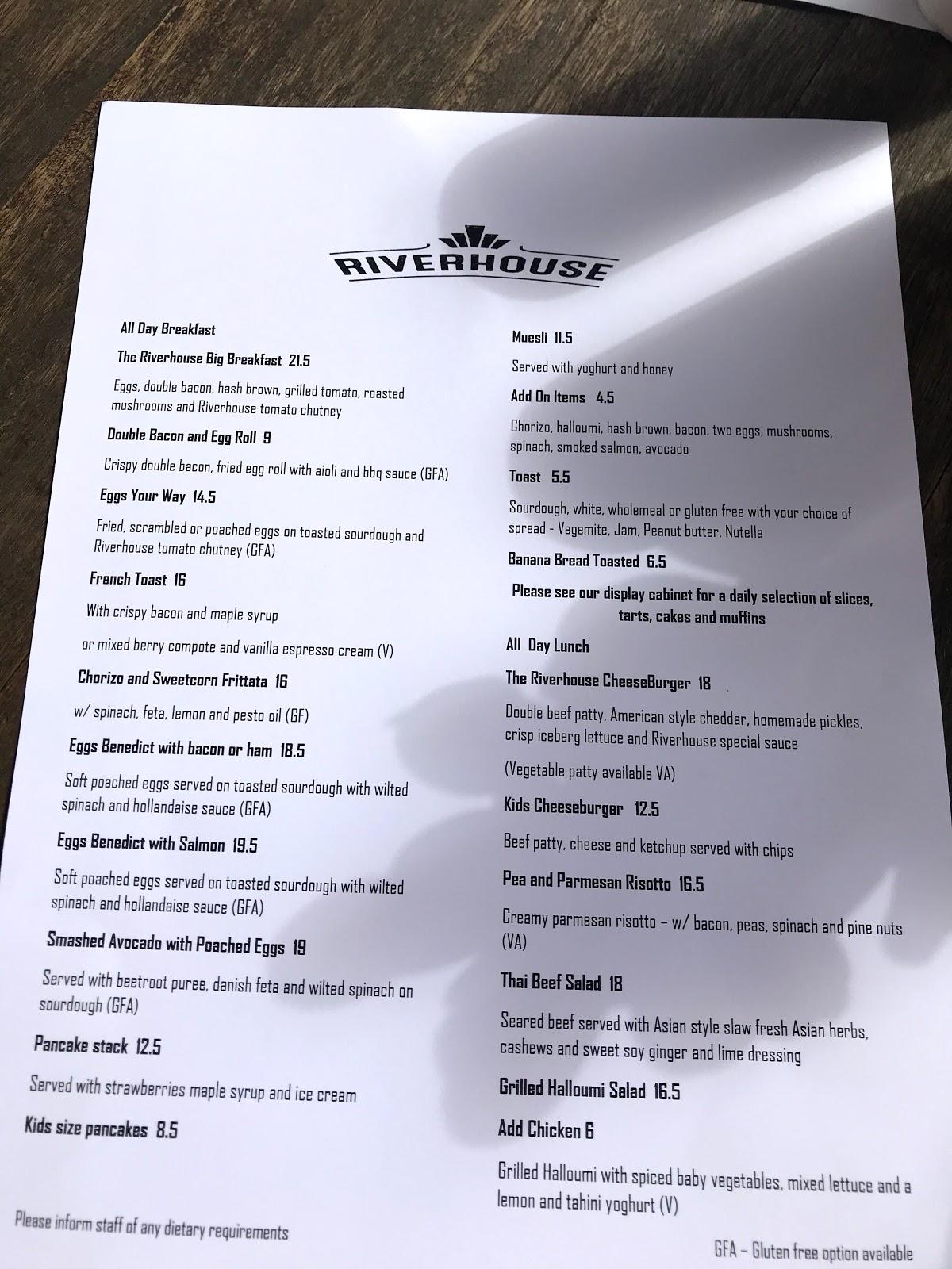 Menu at Riverhouse Cafe, Raymond Terrace