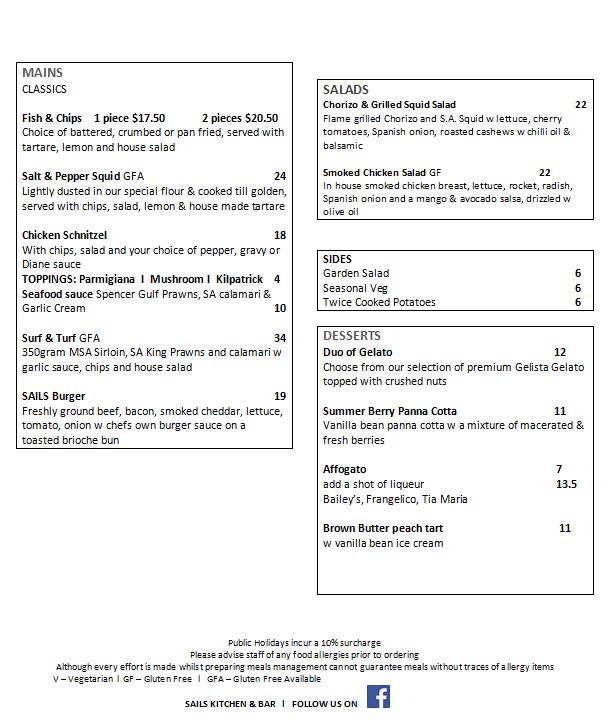 Menu at Salsa Moonta Bay cafe, Moonta Bay