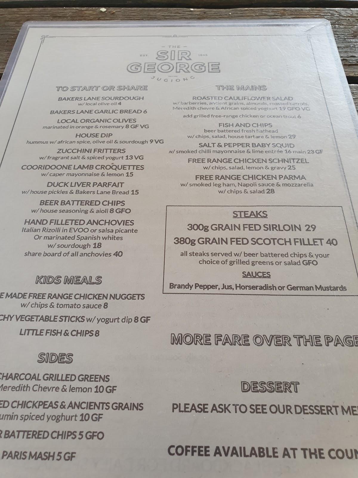 Menu at The Sir George restaurant, Jugiong