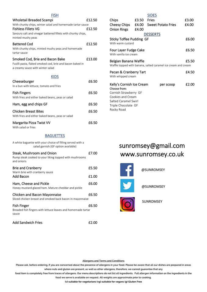 Menu at The Sun Inn pub & bar, Romsey