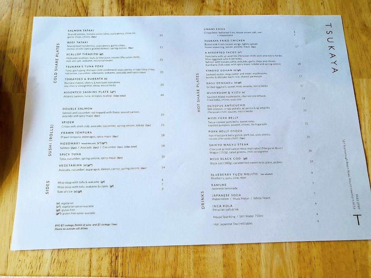 Menu at Tsukaya Restaurant, Mount Hawthorn