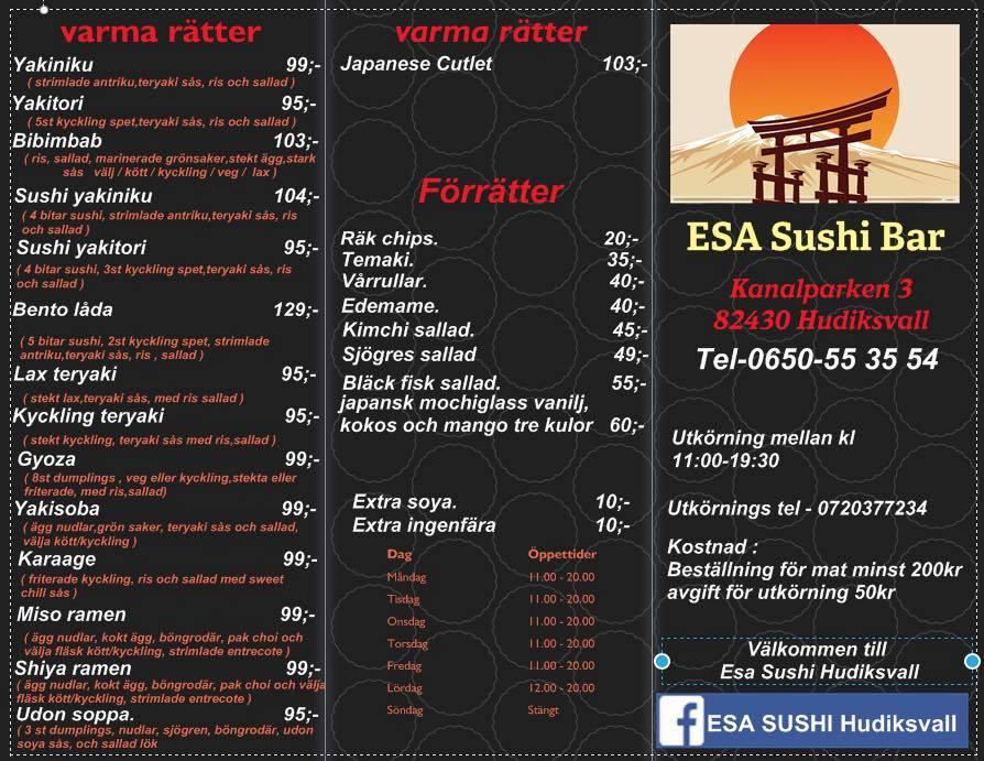 Menu at Esa Sushi fast food, Hudiksvall