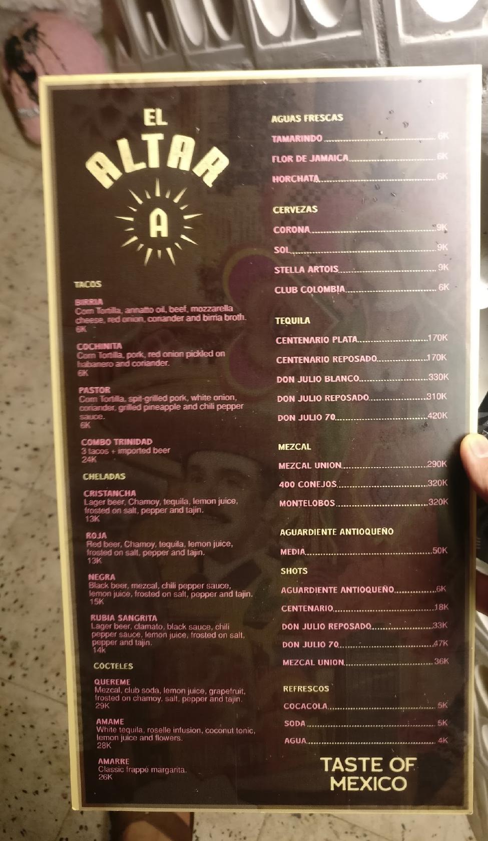 Menu at El Altar Taquería Manila restaurant, Medellín, Cra. 43E #11-50