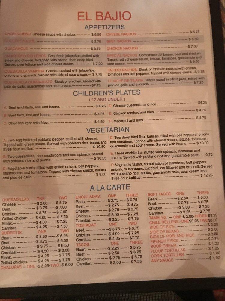 Menu at El Bajio Mexican Restaurant, Seneca Falls