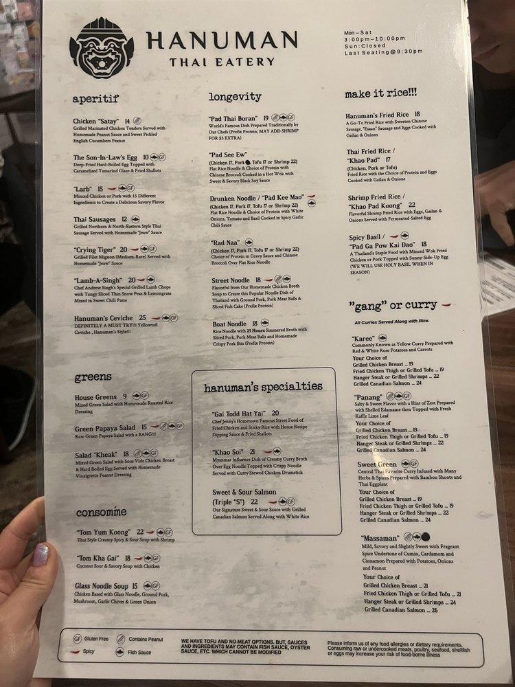 Menu at Hanuman Thai Eatery on Newport restaurant, Costa Mesa