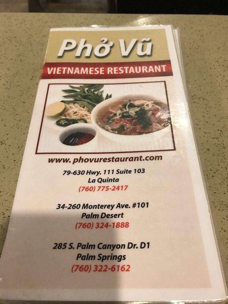 Menu at Pho Vu restaurant, La Quinta