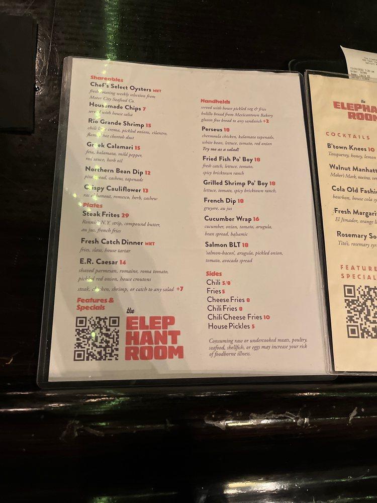Menu at The Elephant Room restaurant, Detroit
