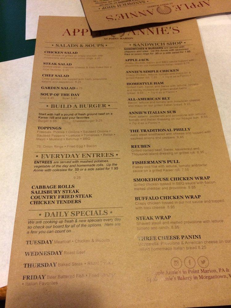 Menu at Apple Annie's restaurant, Cheat Lake, Mid Atlantic Dr