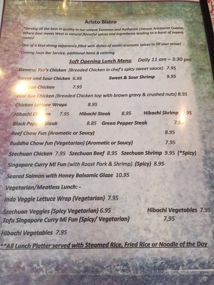 Menu at Aristo Bistro restaurant, Westlake