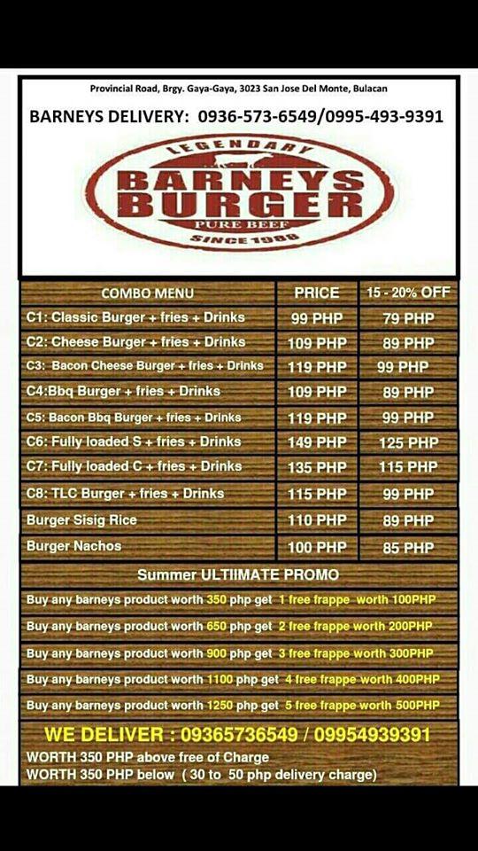 Menu at Barneys Burger, San Jose del Monte City