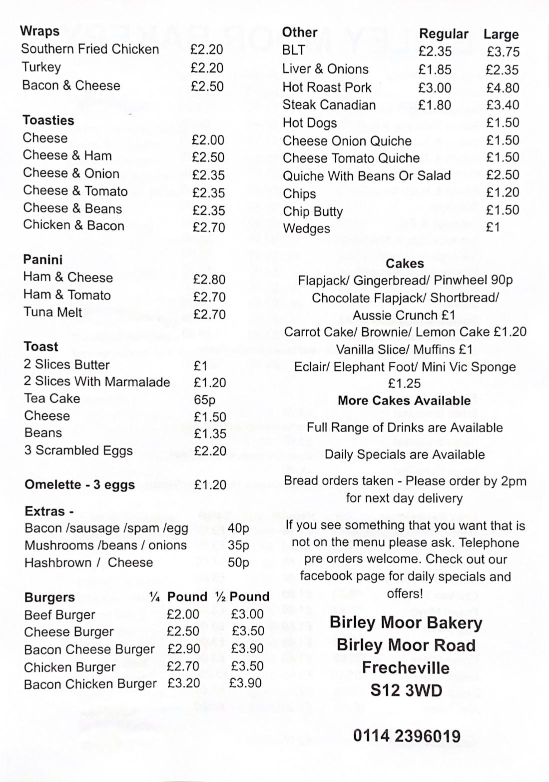 Menu at Birley Moor Bakery, Sheffield
