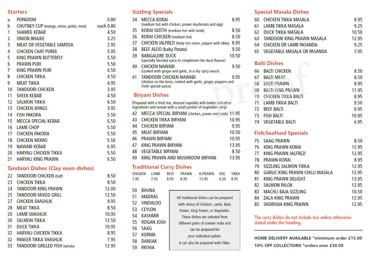 Menu at Curry Mecca restaurant, Gravesend