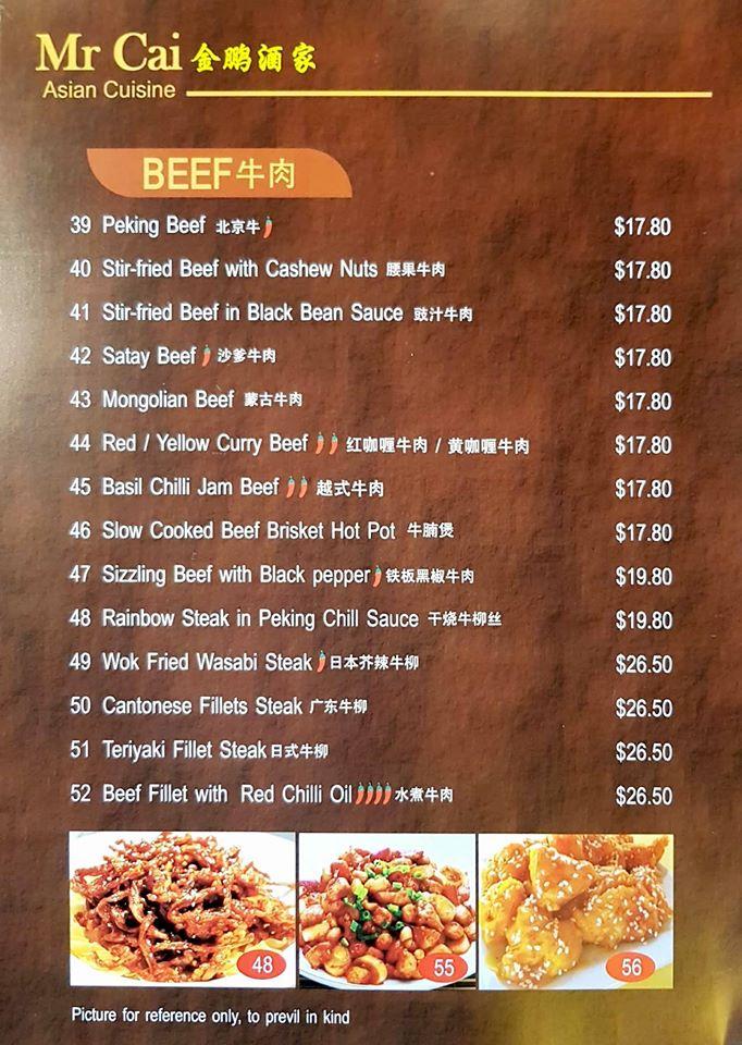 Menu at Mr Cai Asian Cuisine restaurant, East Gosford