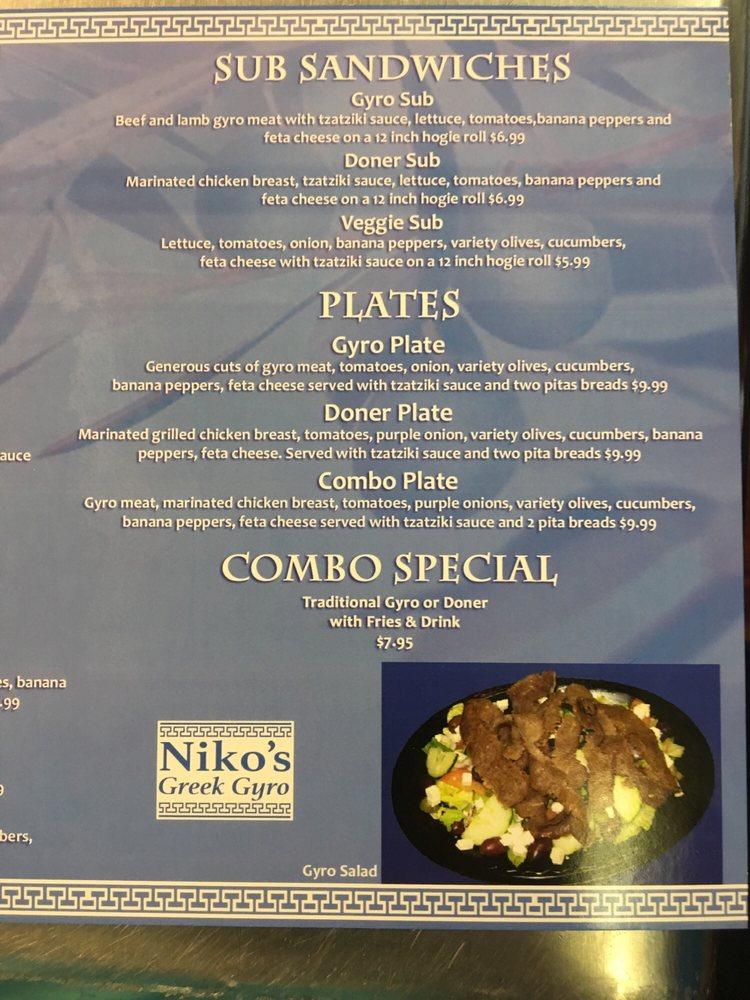Menu at Nikos Greek Gyros restaurant, Abilene
