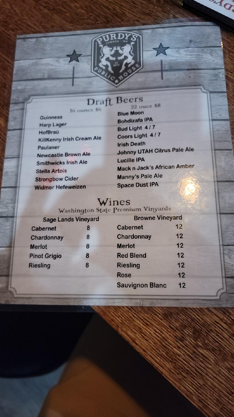 Menu at Purdy's Public House & Arcade, Sumner
