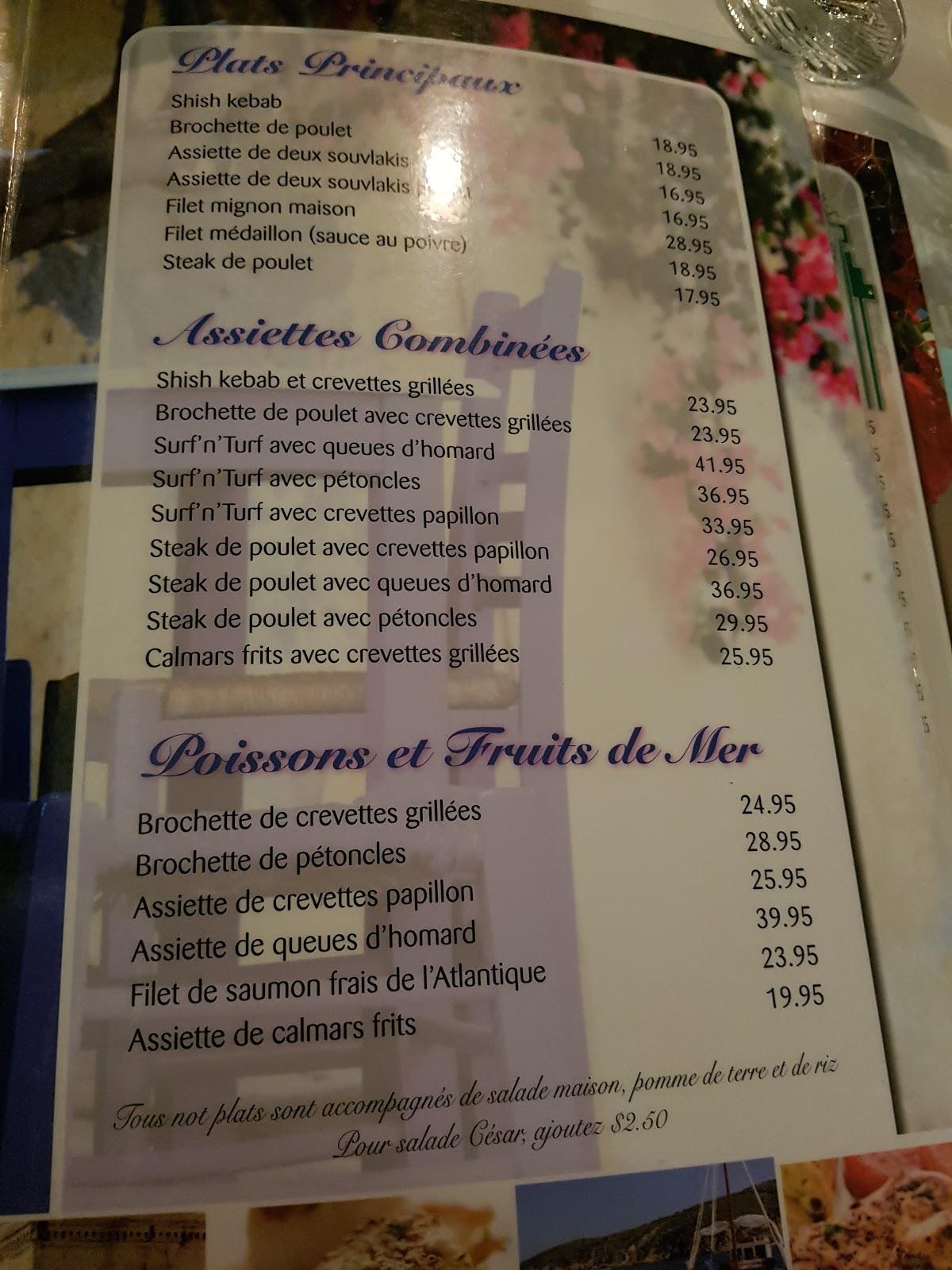 Menu au Restaurant La Porte Grecque, Canada