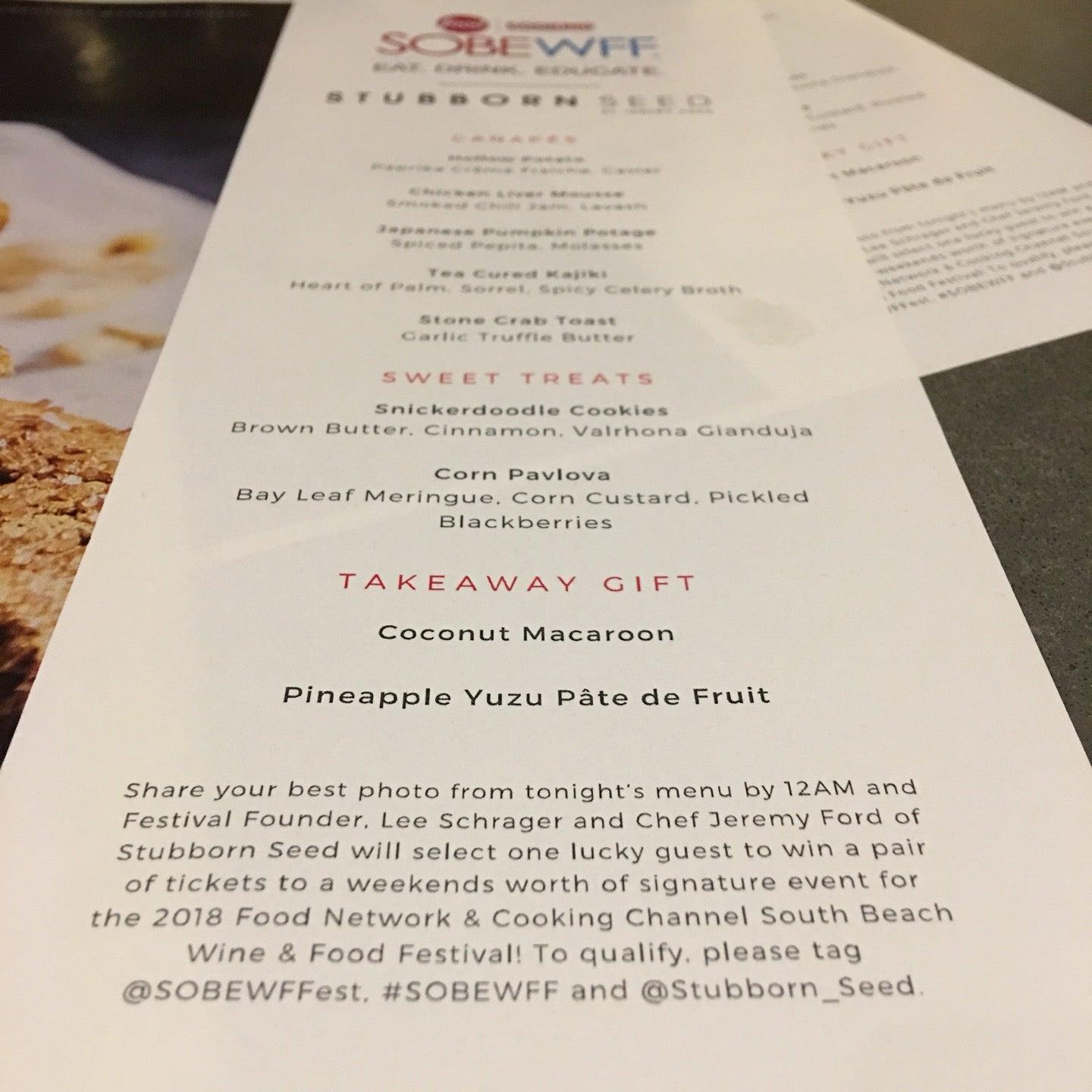 Menu at Stubborn Seed restaurant, Miami Beach