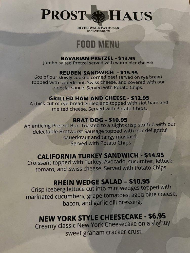Menu at PROST steakhouse, San Antonio