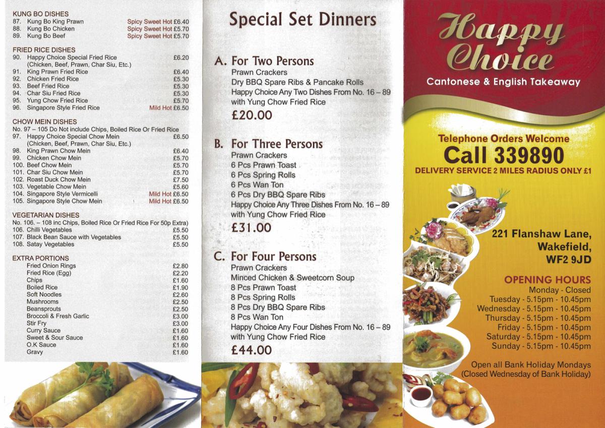 Menu at Happy Choice Cantonese & English Takeaway fast food, Wakefield