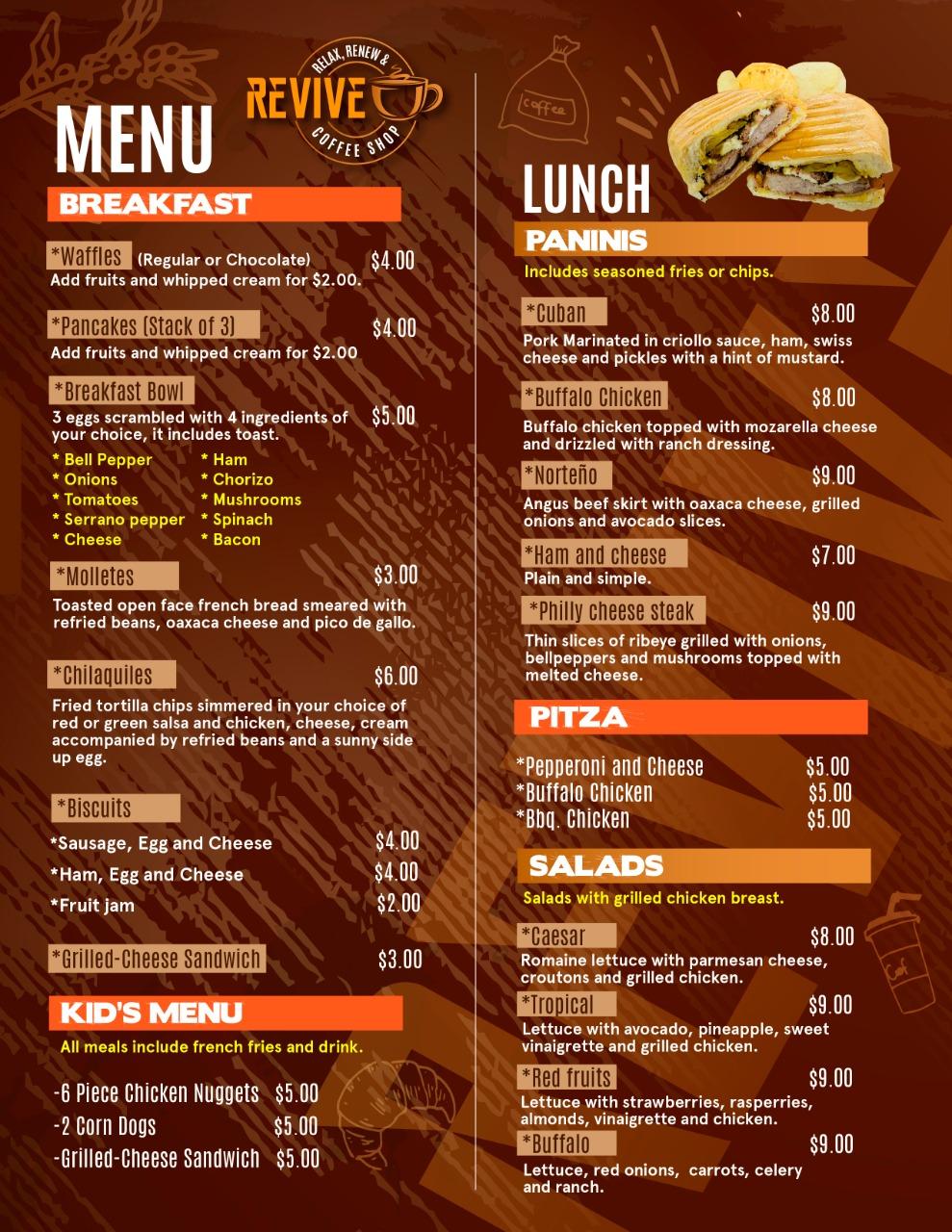 Carta del café Revive Coffee Shop, Eagle Pass