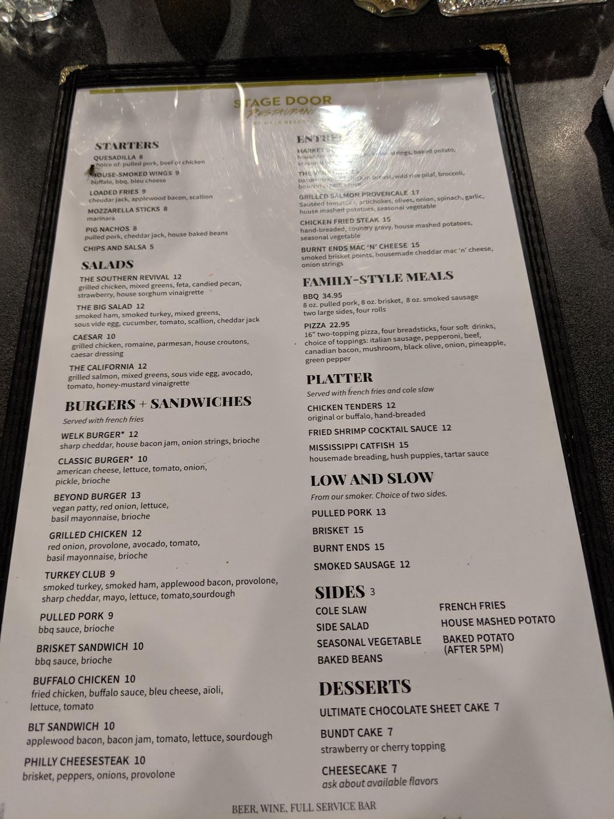 Menu at Stage Door Canteen restaurant, Branson