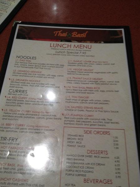Menu at Thai Basil restaurant, Lake Oswego