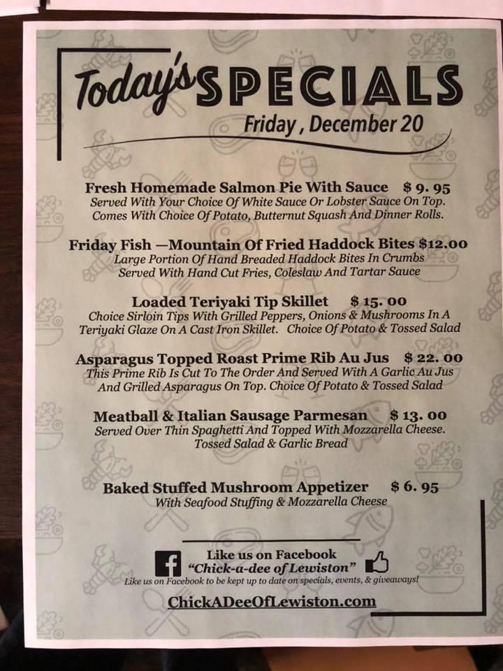 Menu at Chick-A-Dee of Lewiston restaurant, Lewiston