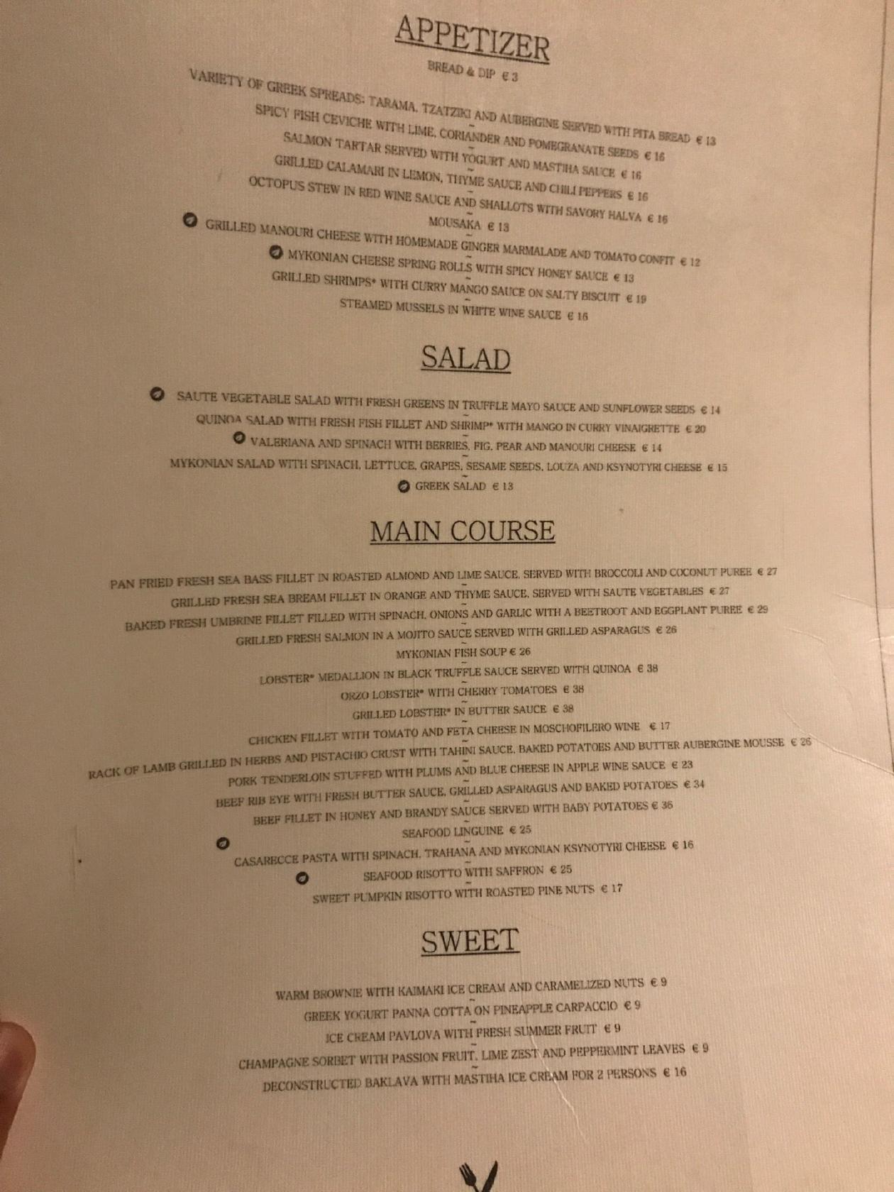 Menu at Kastro's Restaurant, Mikonos