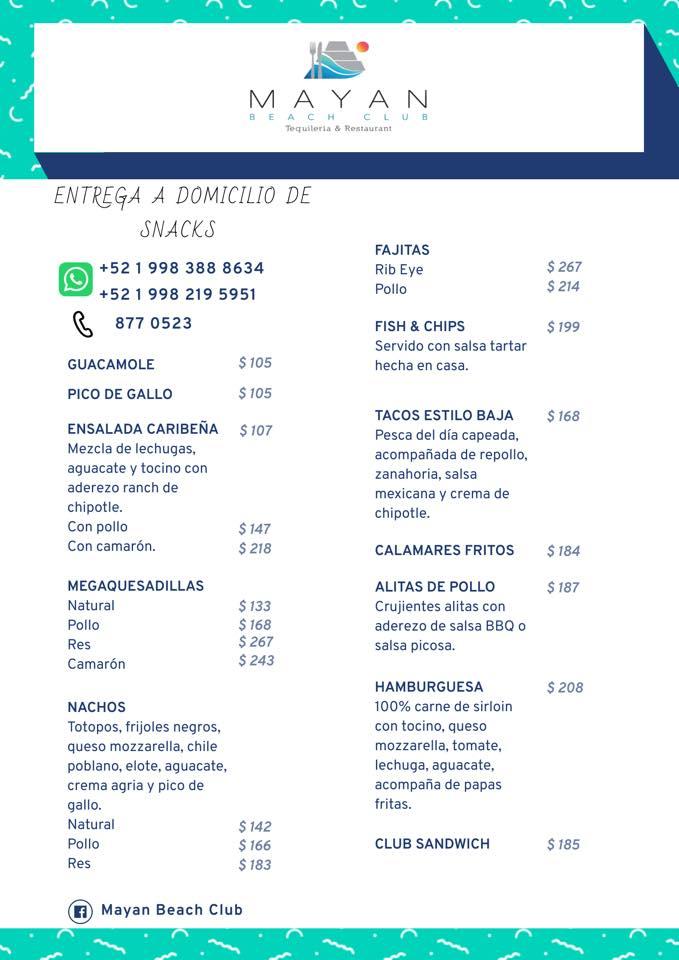 Carta de Mayan Beach Club Restaurante and Tequileria, Isla Mujeres