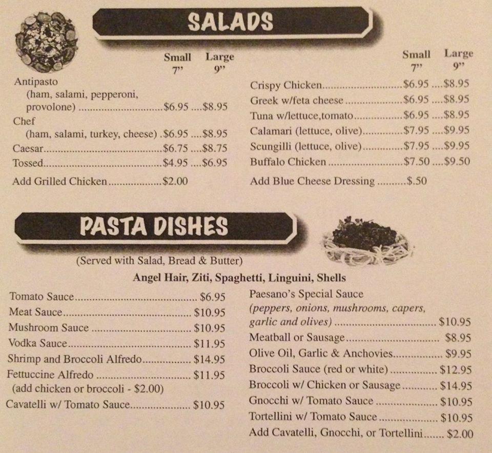Menu at Paesano's Pasta House Restaurant, Naugatuck