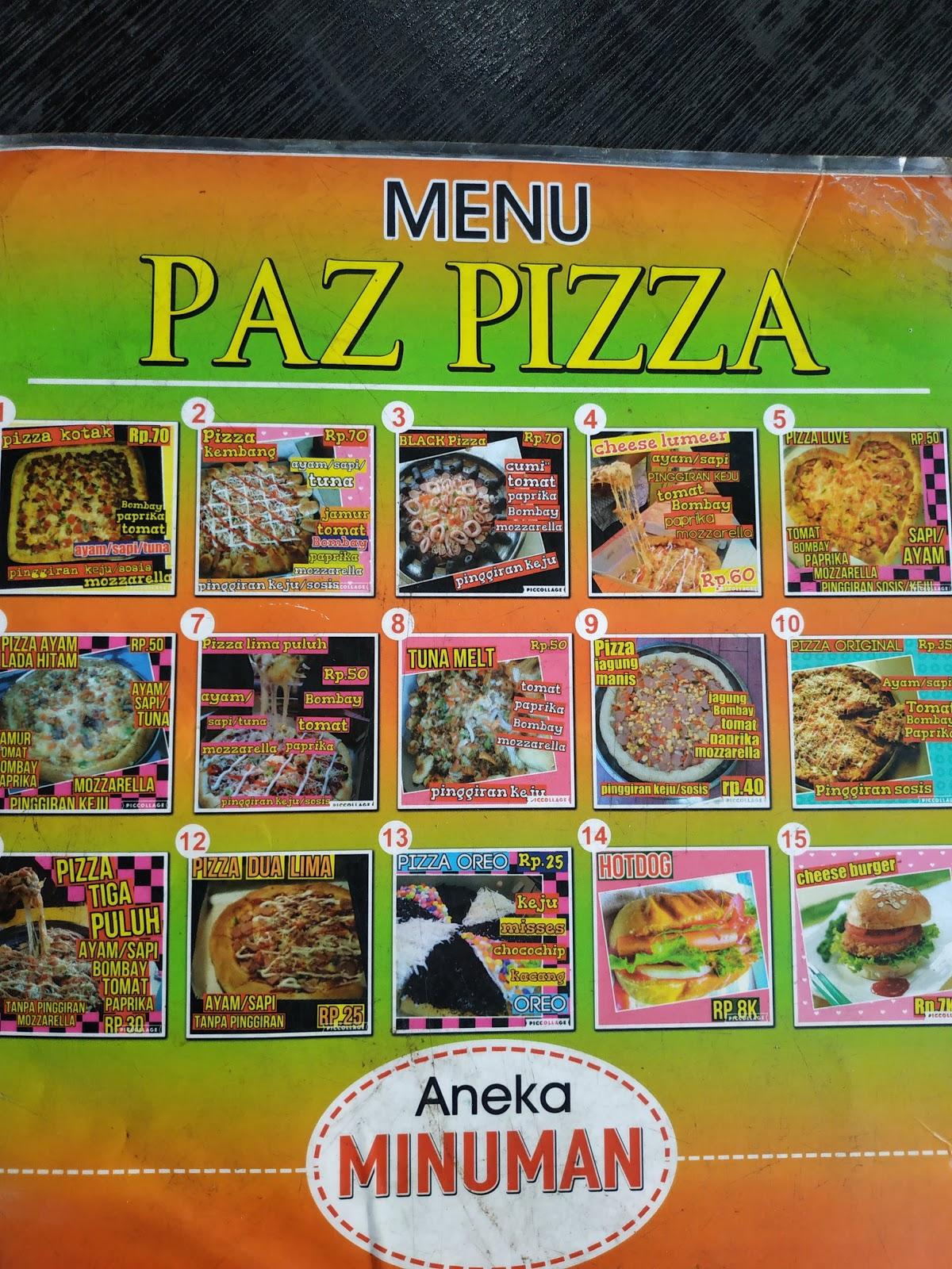 Menu at Paz Pizza restaurant, Lamongan