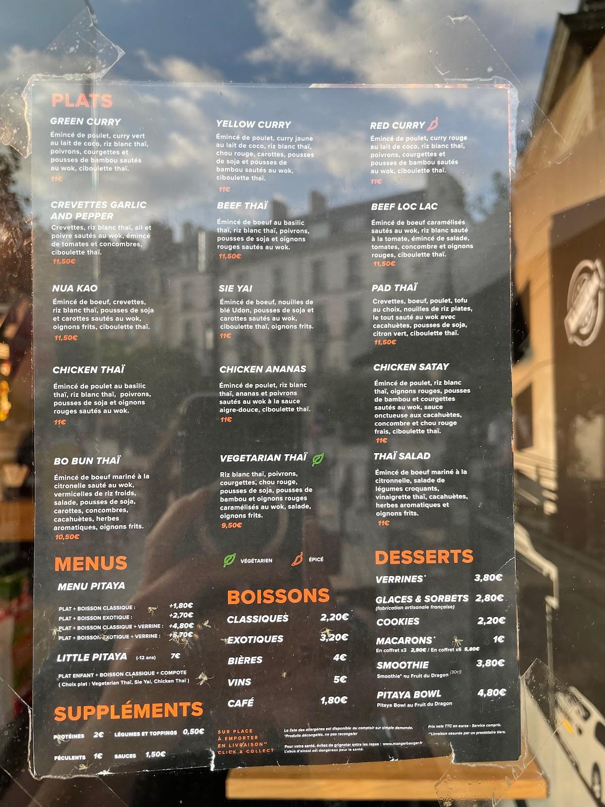 Menu au Pitaya Thaï Street Food restaurant, Dijon