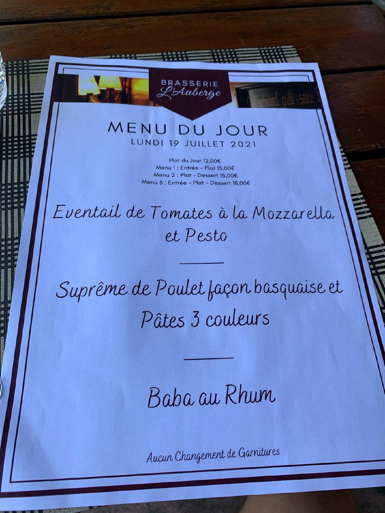 Menu at Restaurant Brasserie l'Auberge, Colmar