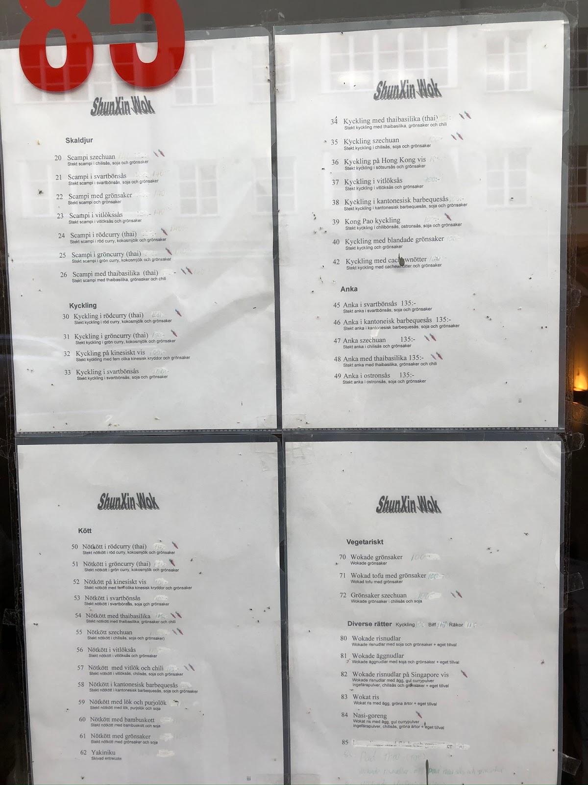 Menu at Shun Xin Wok restaurant, Stockholm