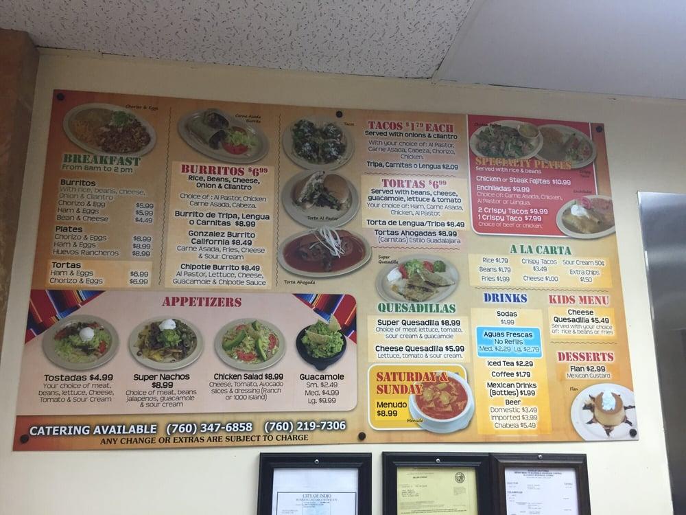 Menu at Tacos Gonzalez restaurant, Indio