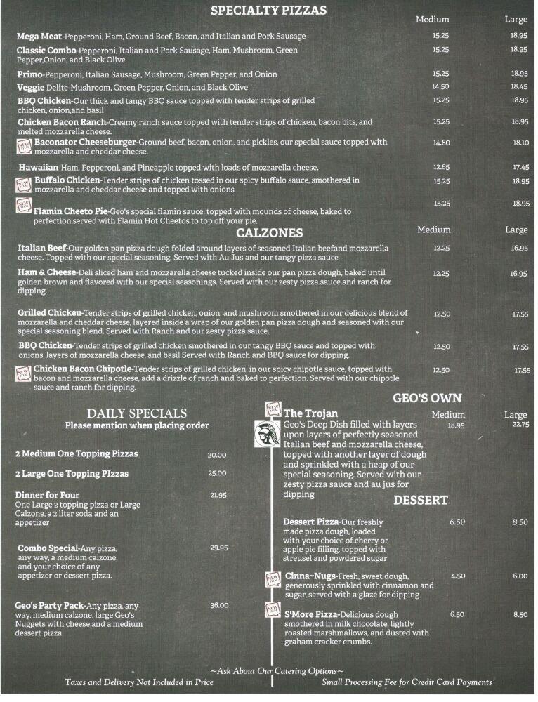 Menu at Geo's Pizza pizzeria, Dwight