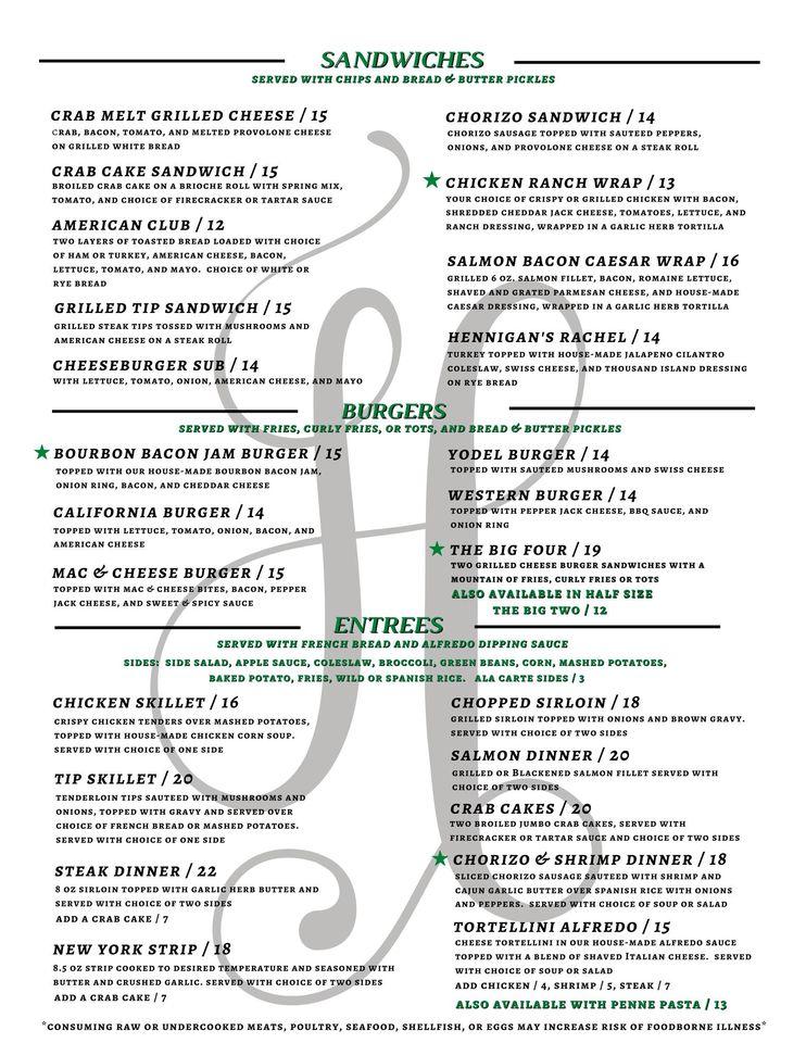 Menu at Hennigan's Restaurant and Bar, Mount Joy