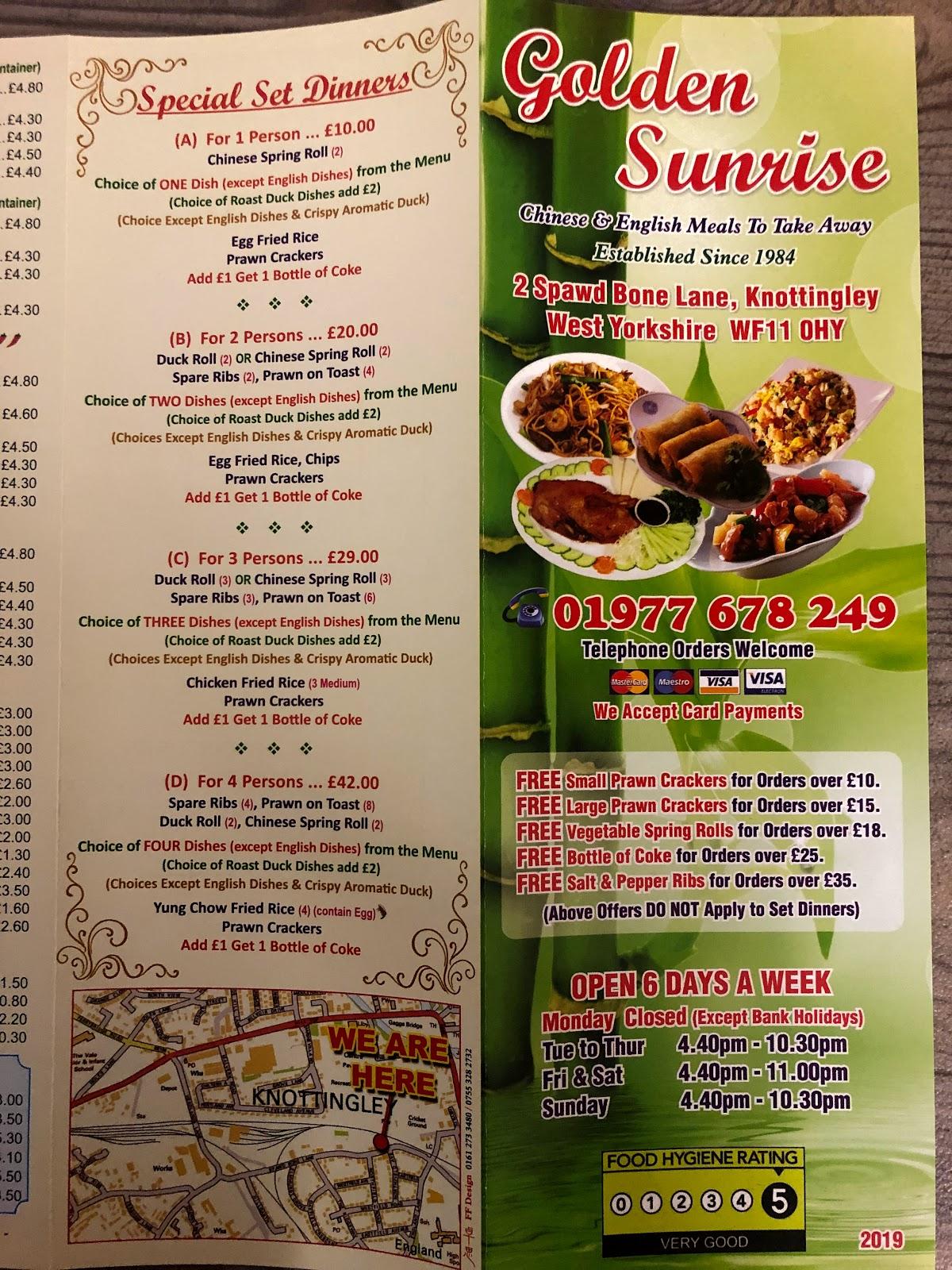 Menu at Golden Sunrise 中国餐 fast food, Knottingley