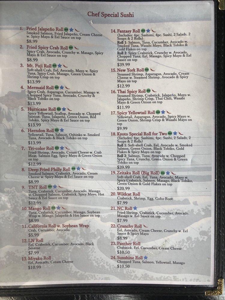 Menu at Kyoto restaurant, Mount Airy