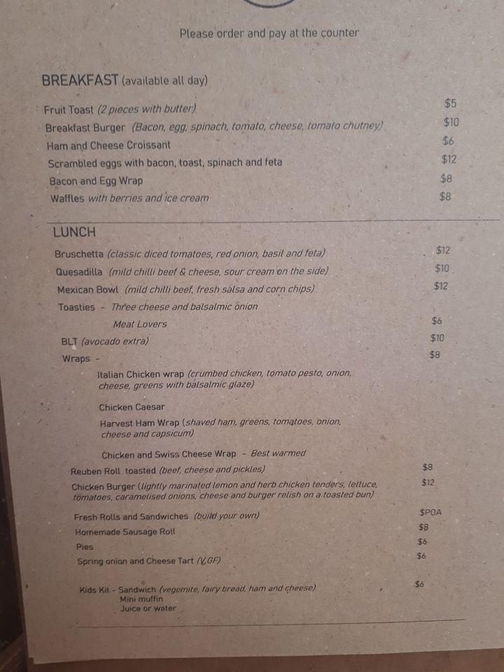 Menu at Narembeen Co-Op Cafe, Narembeen
