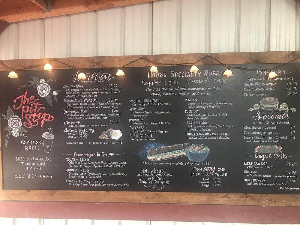 Menu at Pit Stop cafe, Tacoma