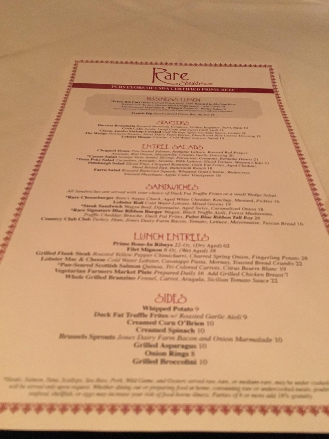 Menu at Rare Steakhouse, Milwaukee