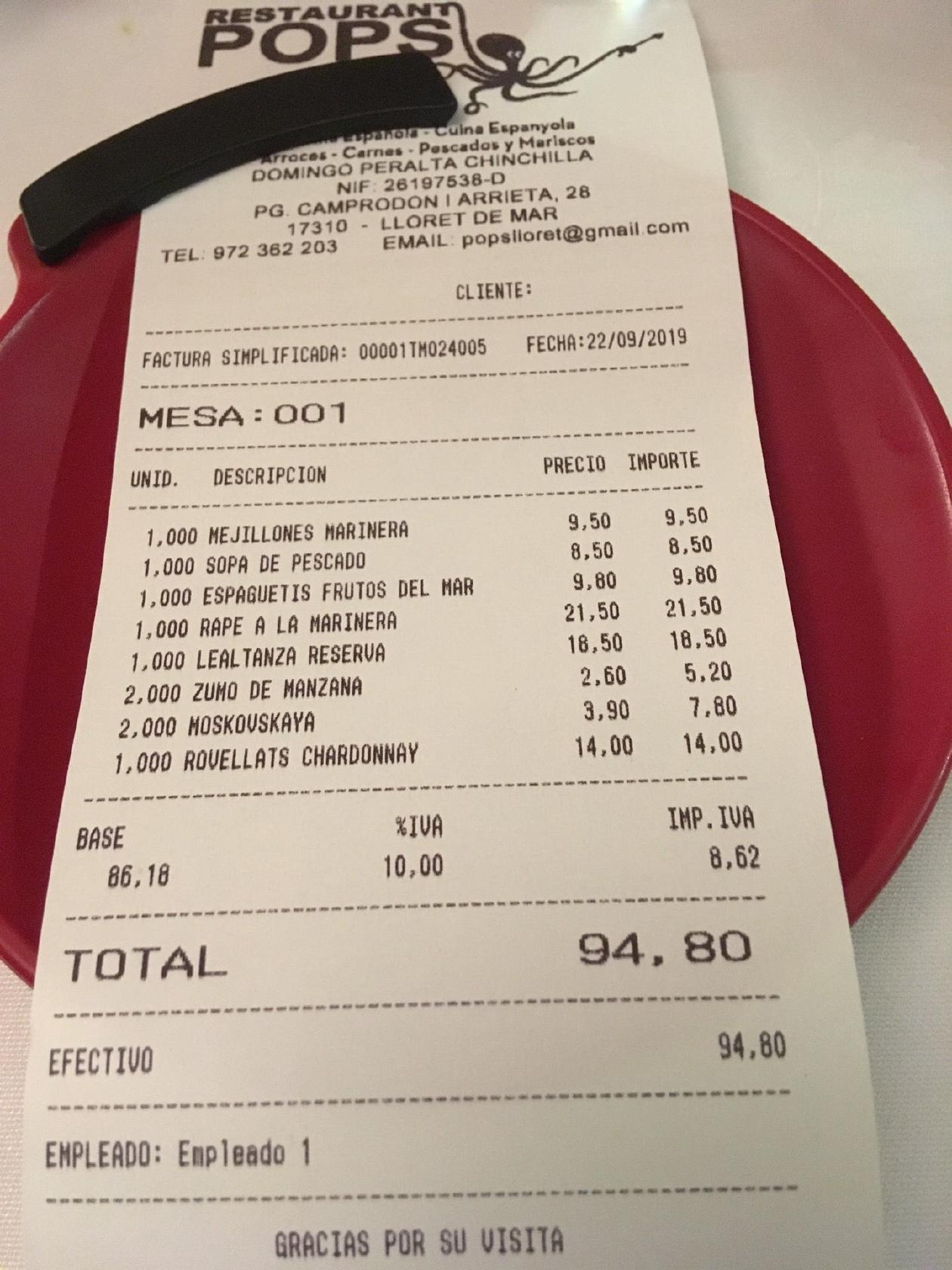 Carta de Restaurant POPS, Lloret de Mar