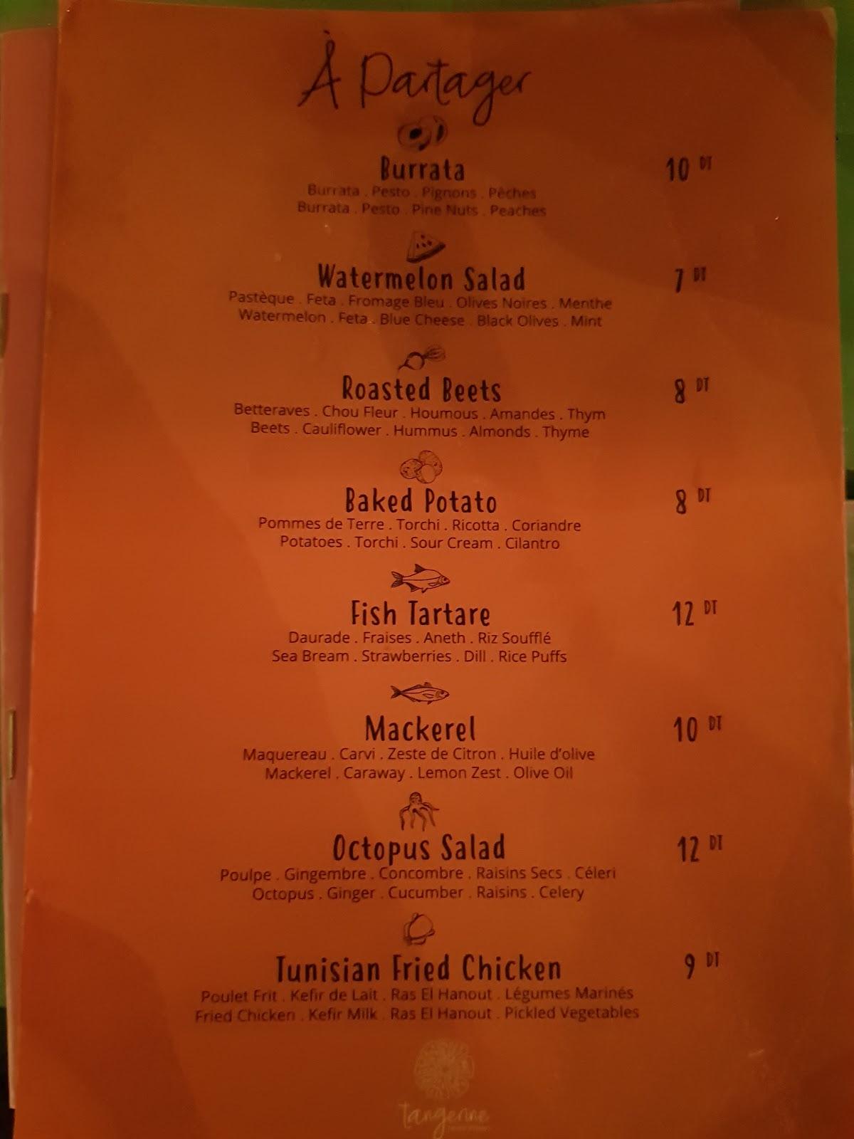Menu at Tangerine Rooftop pub & bar, Gammarth