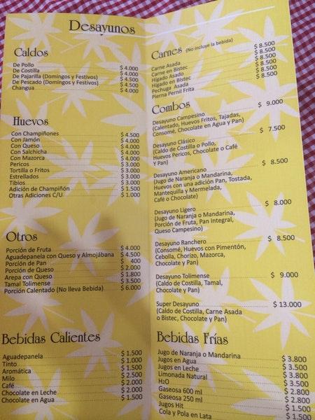 Carta de Vasbor Restaurante, Facatativá