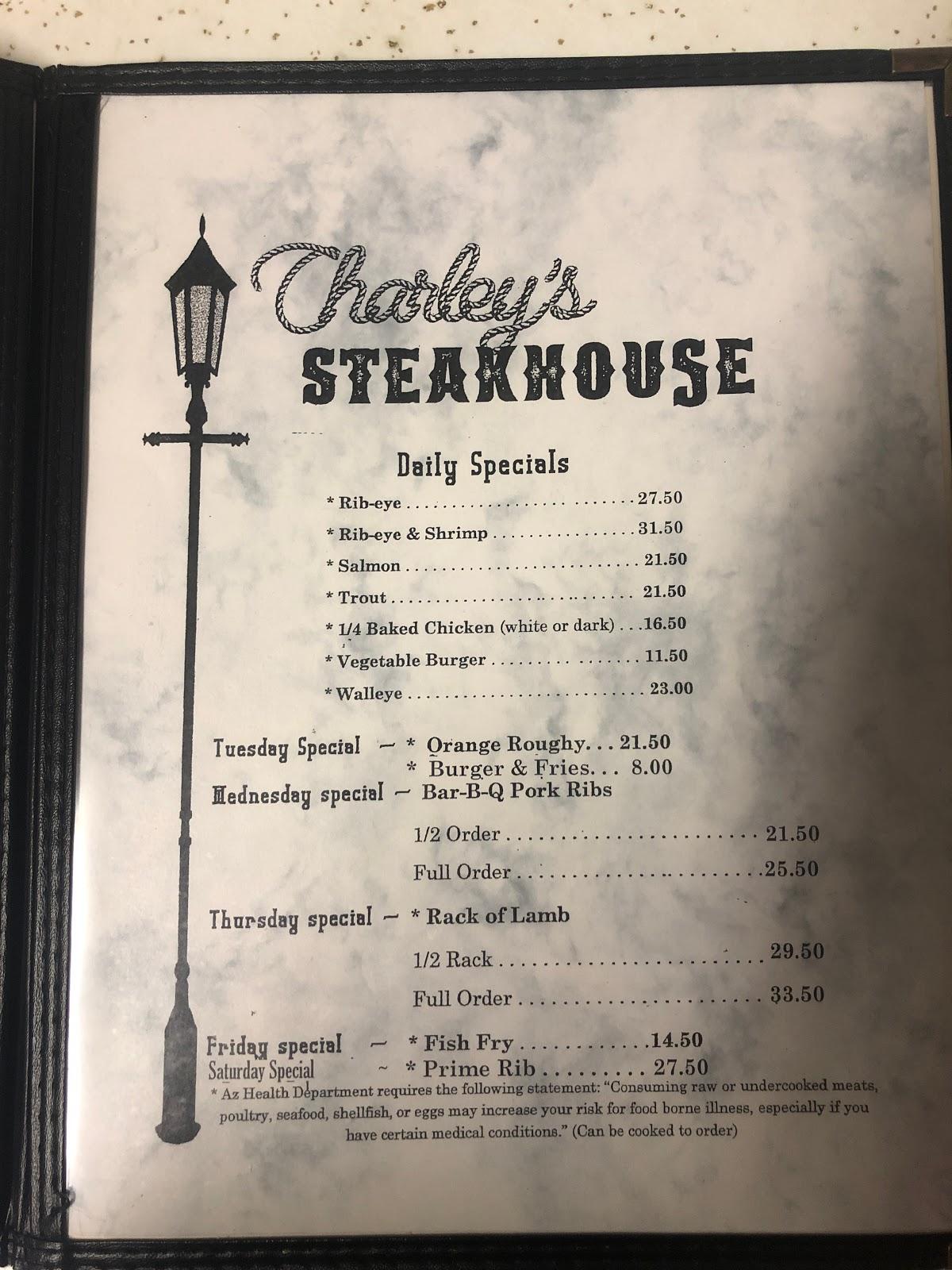 Menu at Charley's Steak House steakhouse, Wickenburg