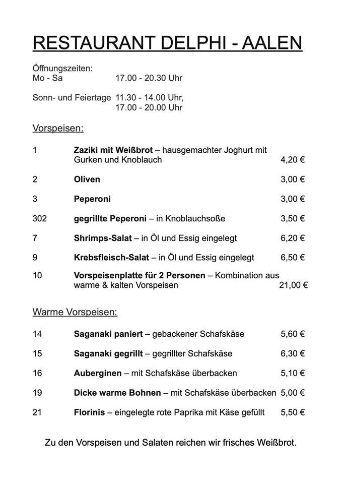 Menu at Delphi restaurant, Aalen