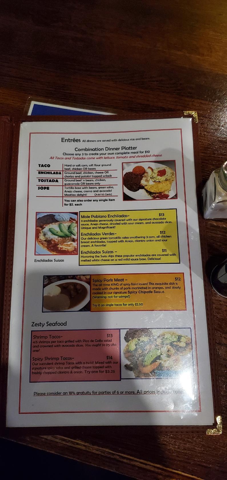 Menu at La Flama Mexican Restaurant, Davenport, Elmore Avenue