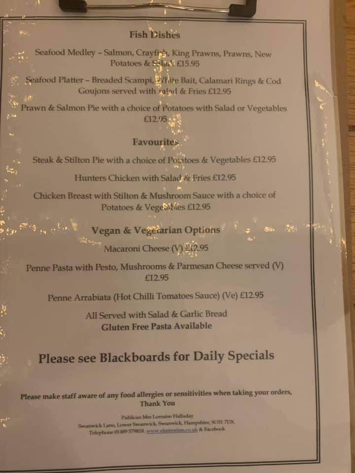 Menu at The Elm Tree Inn pub & bar, Southampton, 1 Swanwick Ln