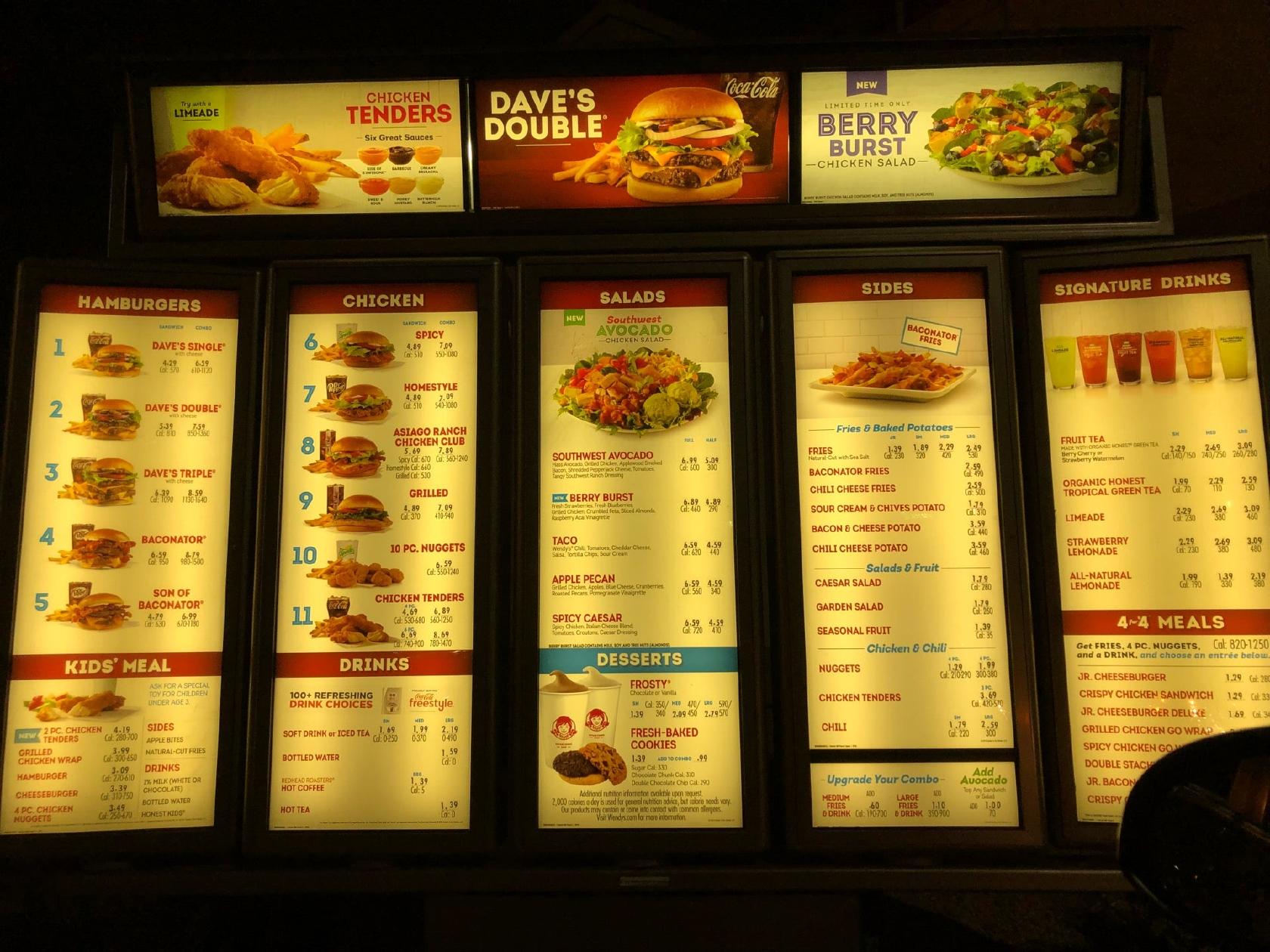 Menu at Wendy's fast food, Henderson, 603 W Lake Mead Pkwy